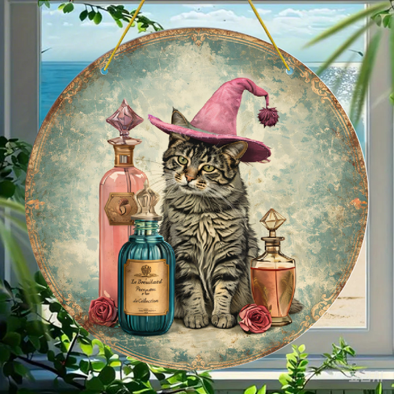 Acrylic Round Hanging Ornament, Vintage Tabby Cat with Witch Hat and ...