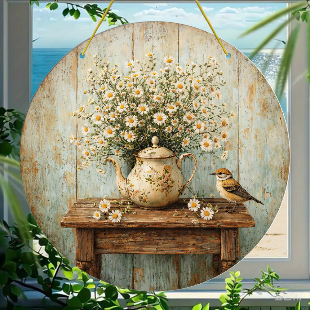 Acrylic Round Hanging Ornament, Vintage Teapot with Daisies and Bird ...