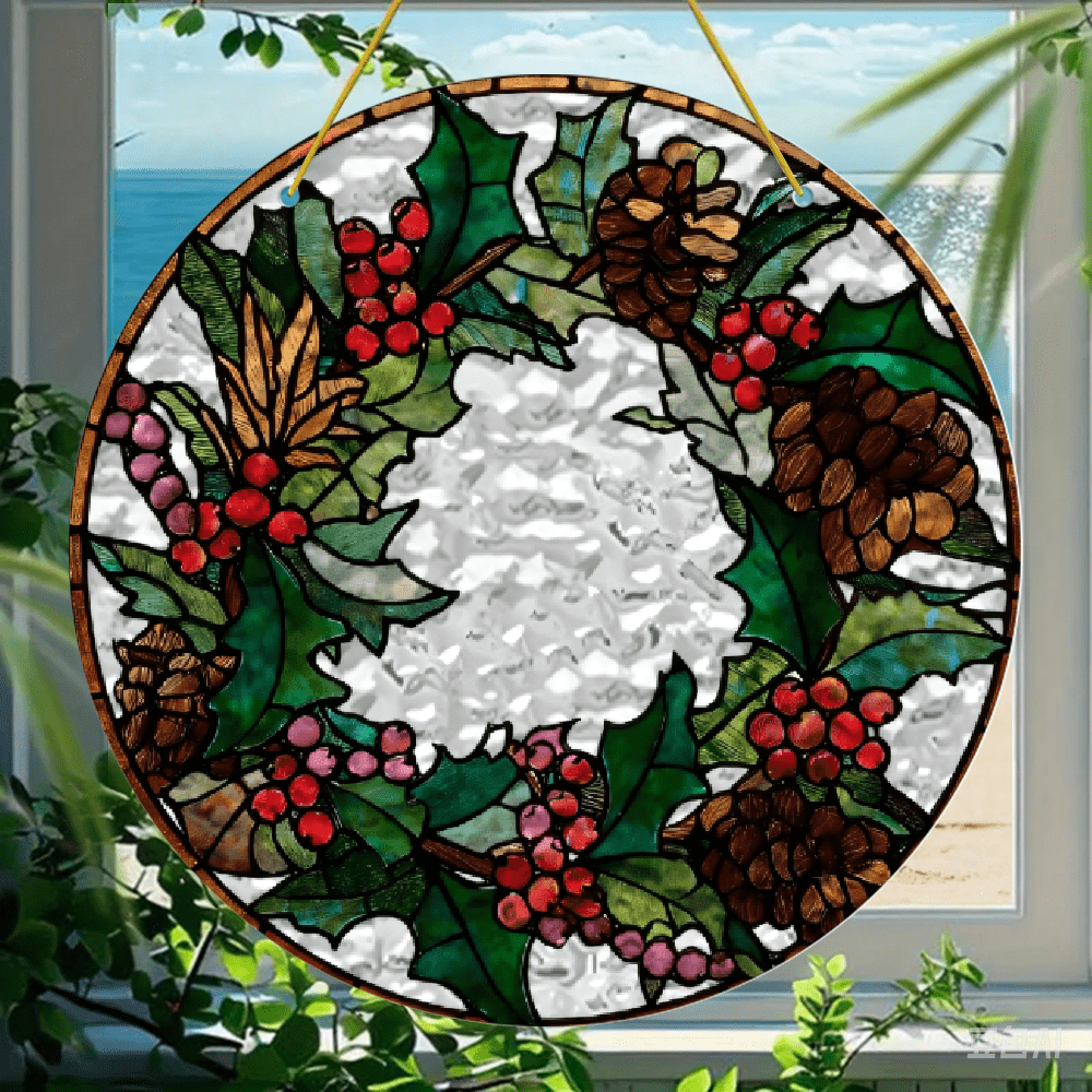 Acrylic Round Hanging Ornament Winter Wreath Stained Glass Design 1 ...