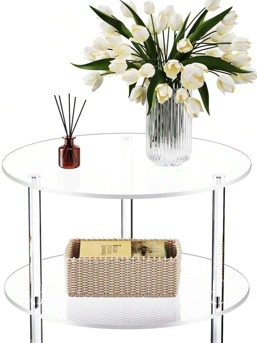 Acrylic Round Side Table, Modern Transparent 2-Tier End Table, Minimalist Coffee Table for Small ...