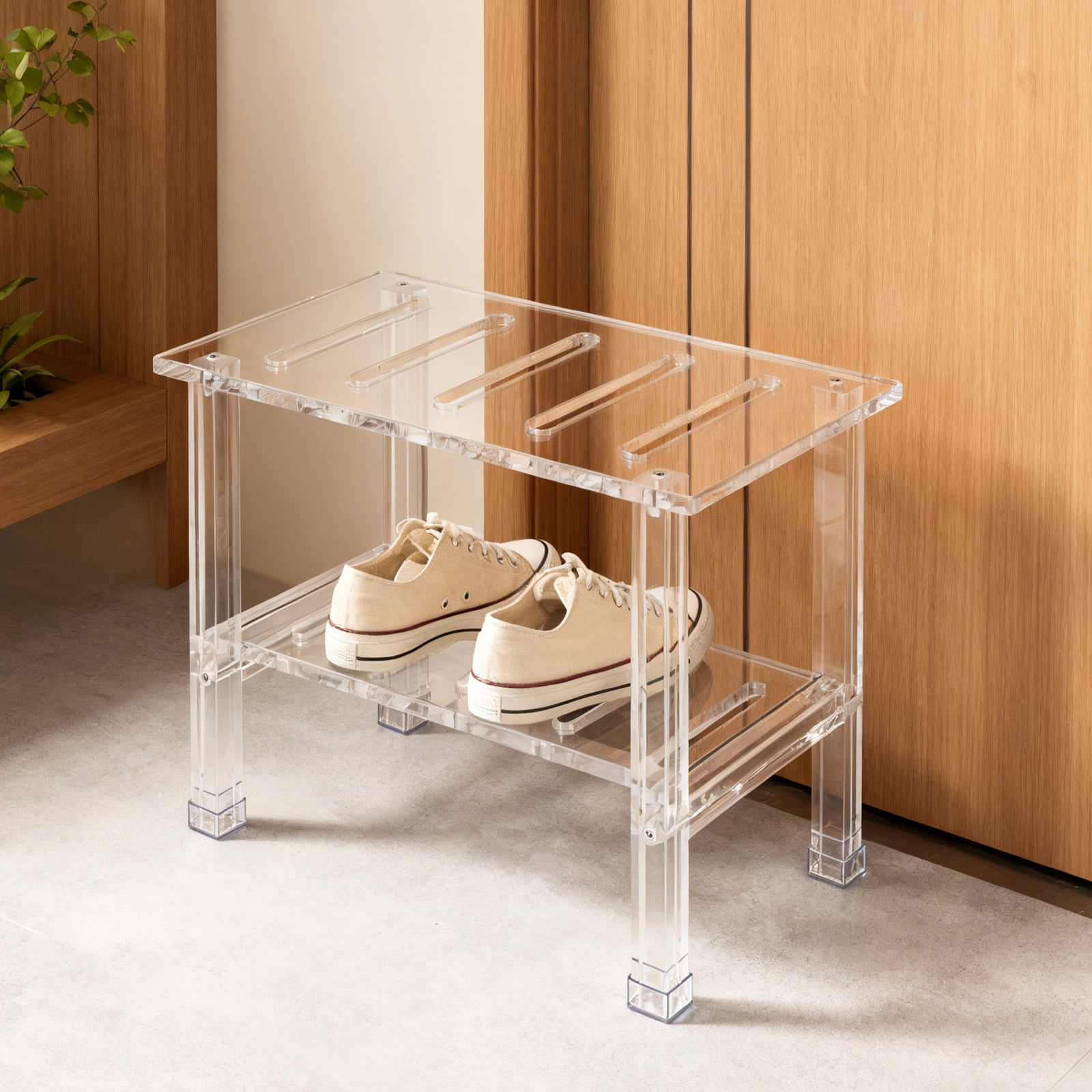 Acrylic Shower Bench, 16.14in Bathroom Shower Stool with Storage Shelf ...