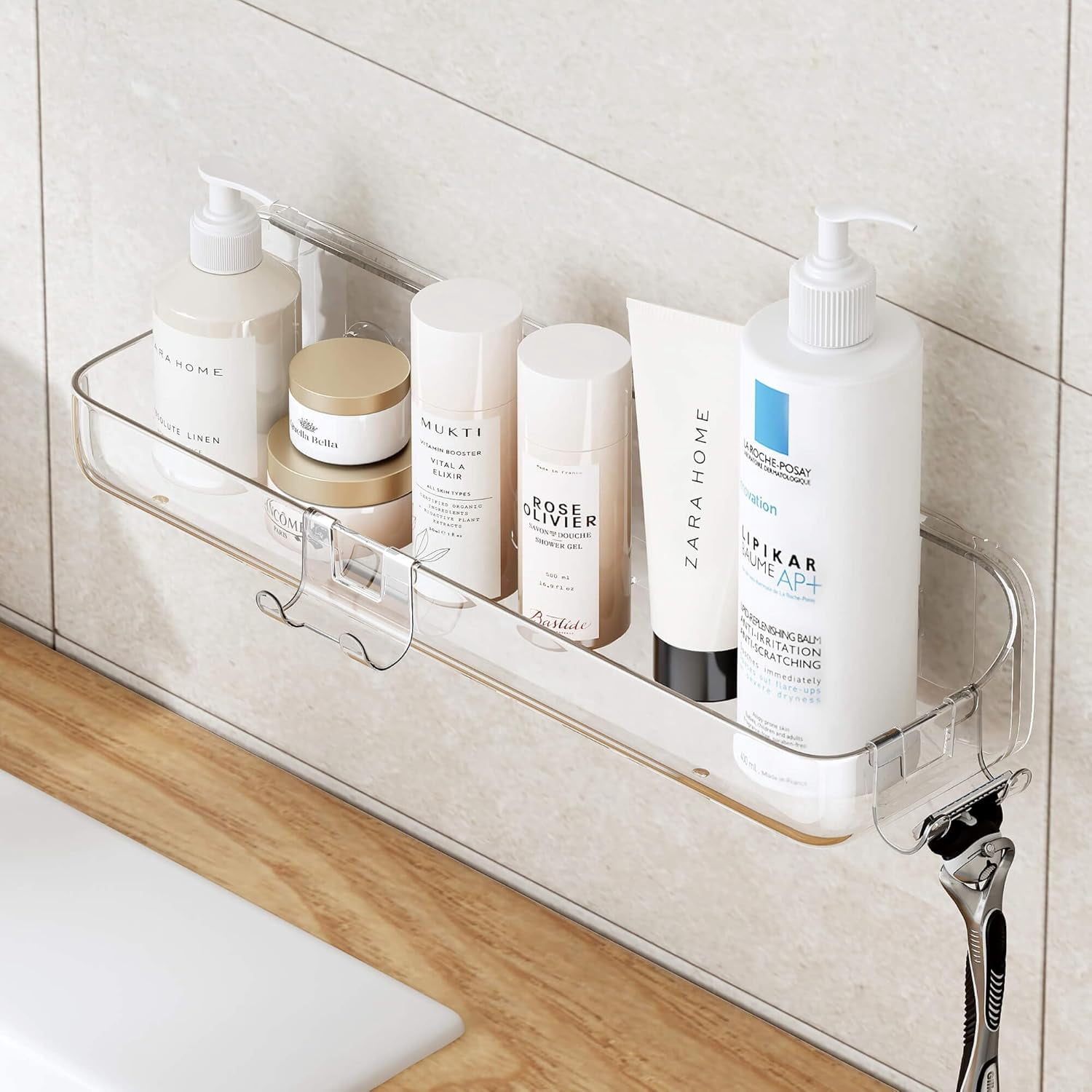 Acrylic Shower Caddy Shower Organizer, Plastic Adhesive Shelf with Hook ...