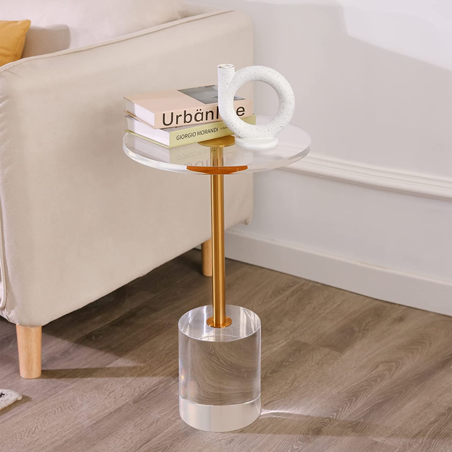 Acrylic Side Table, Small Gold Coffee Table with Brushed Brass Metal ...