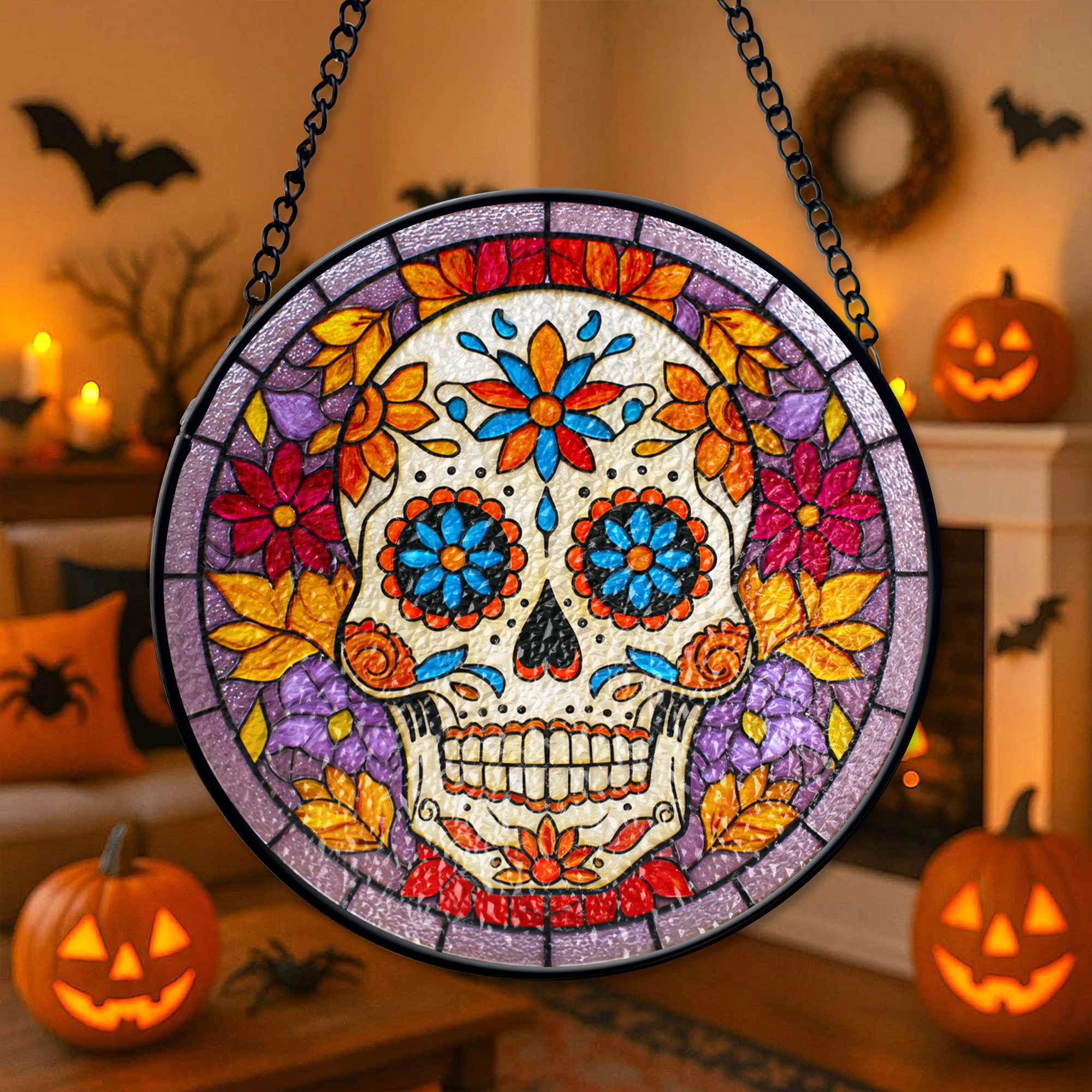Acrylic Sugar Skull Suncatcher ? Faux Stained Glass Style Floral Window ...