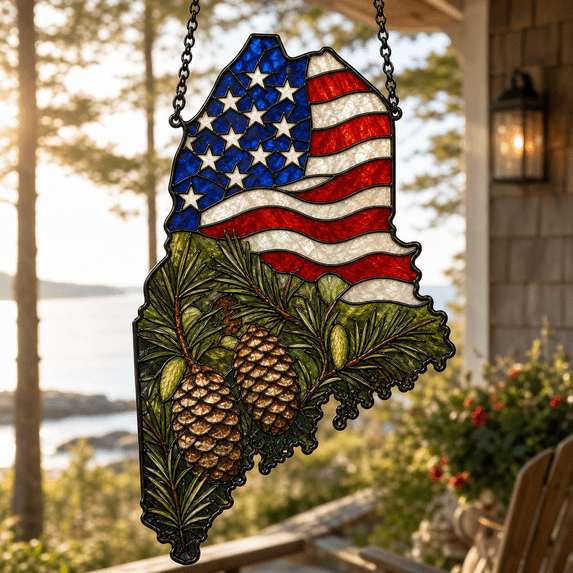 Acrylic Suncatcher Maine Flag and Pine Cone Acrylic Window Hanging for ...