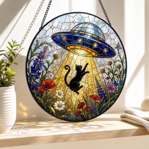 Acrylic Suncatcher UFO Abduction Black Cat Custom Alien Spaceship ...
