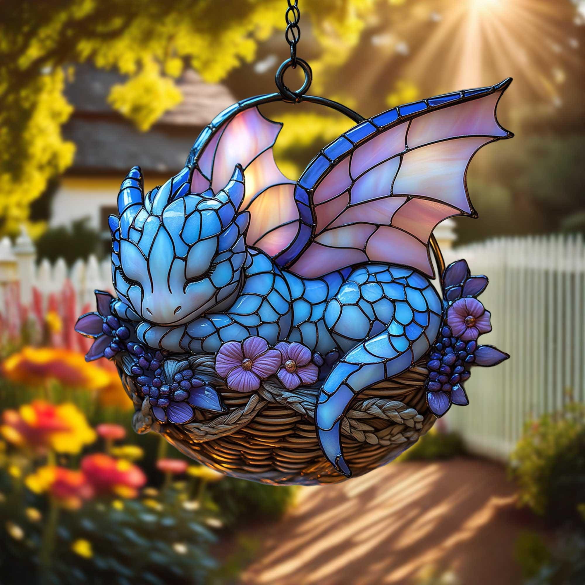 Acrylic Suncatcher Window Hanging 6-12 Inch Baby Dragon in Basket Blue ...