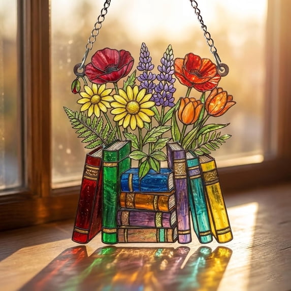 Acrylic Suncatcher Window Hanging 6-12 Inch Floral Book Stack Literary ...