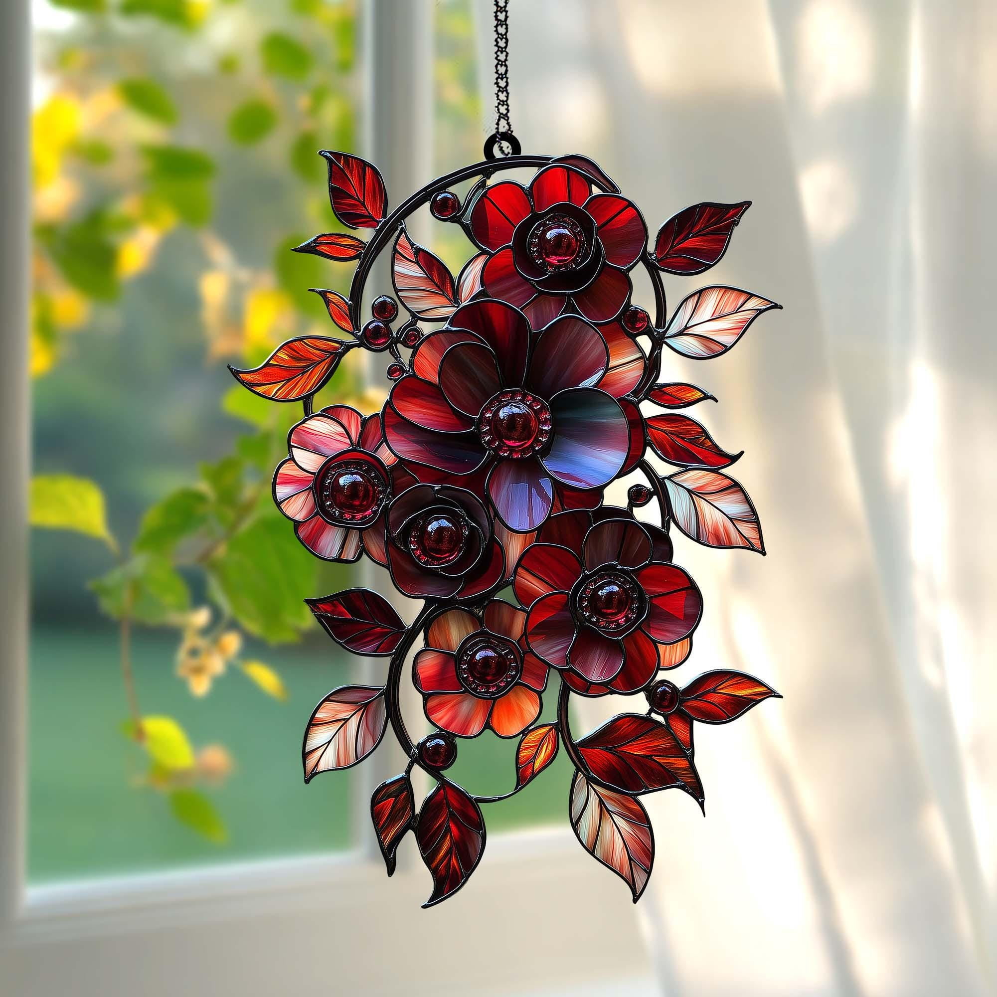 Acrylic Suncatcher Window Hanging 6-12 Inch Handmade Red Floral Vine ...