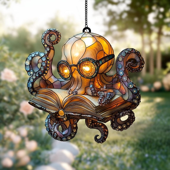 Acrylic Suncatcher Window Hanging 6-12 Inch Reading Octopus Cute Nerdy ...