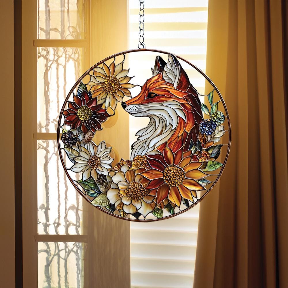 Acrylic Suncatcher of Fox with Sunflowers and Floral Accents fullxfull ...