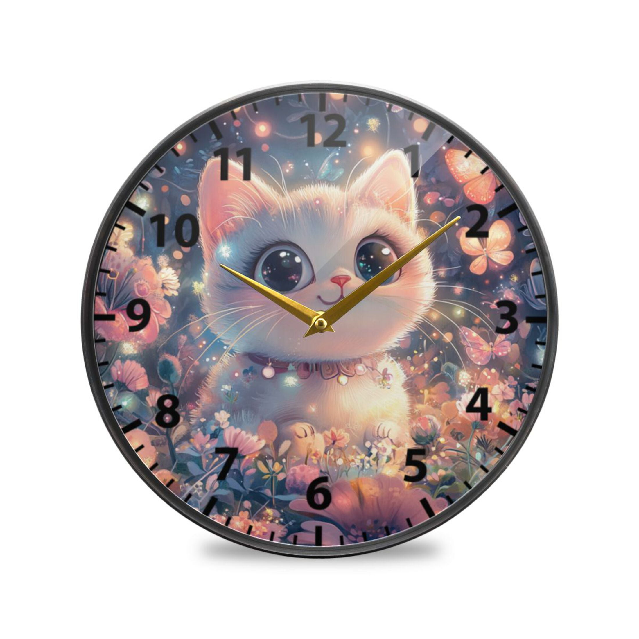 3d Cartoon Style Kitten Wall Clock Modern Decor Acrylic Clock Golden ...