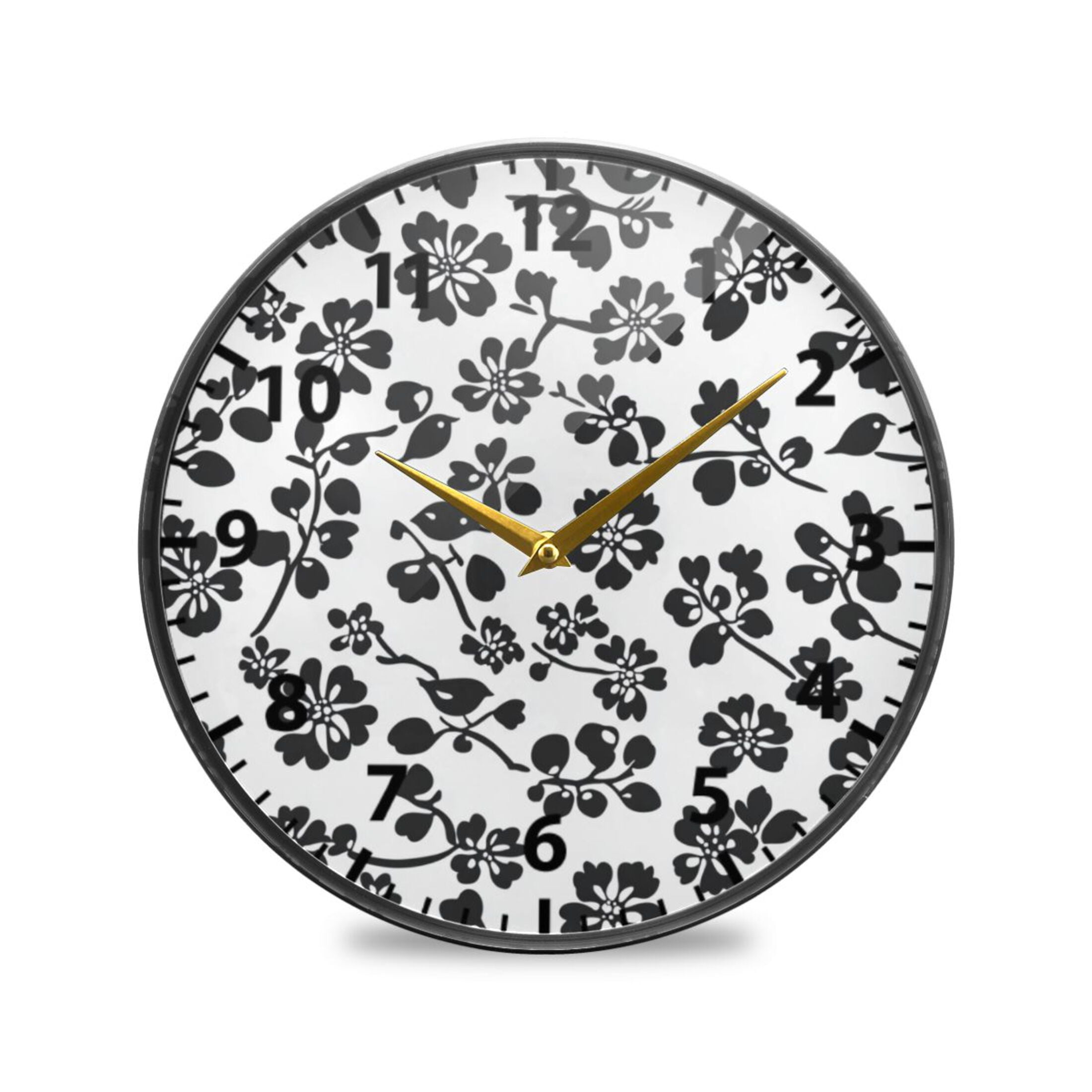 Black Flowers Wall Clock Modern Decor Acrylic Clock Golden Hands 9.5in ...