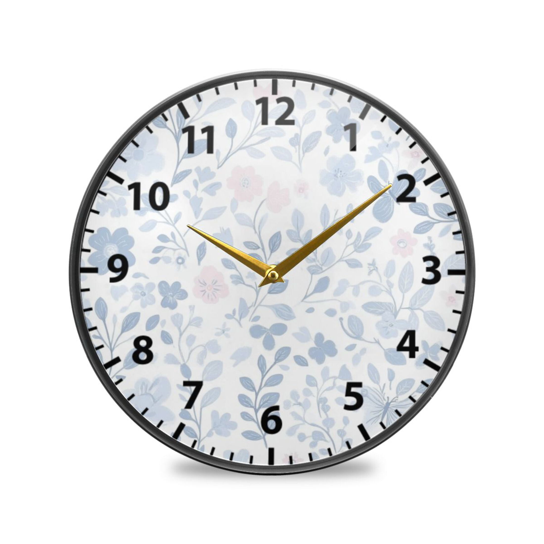 Blue Floral Pattern Wall Clock Modern Decor Acrylic Clock Golden Hands ...