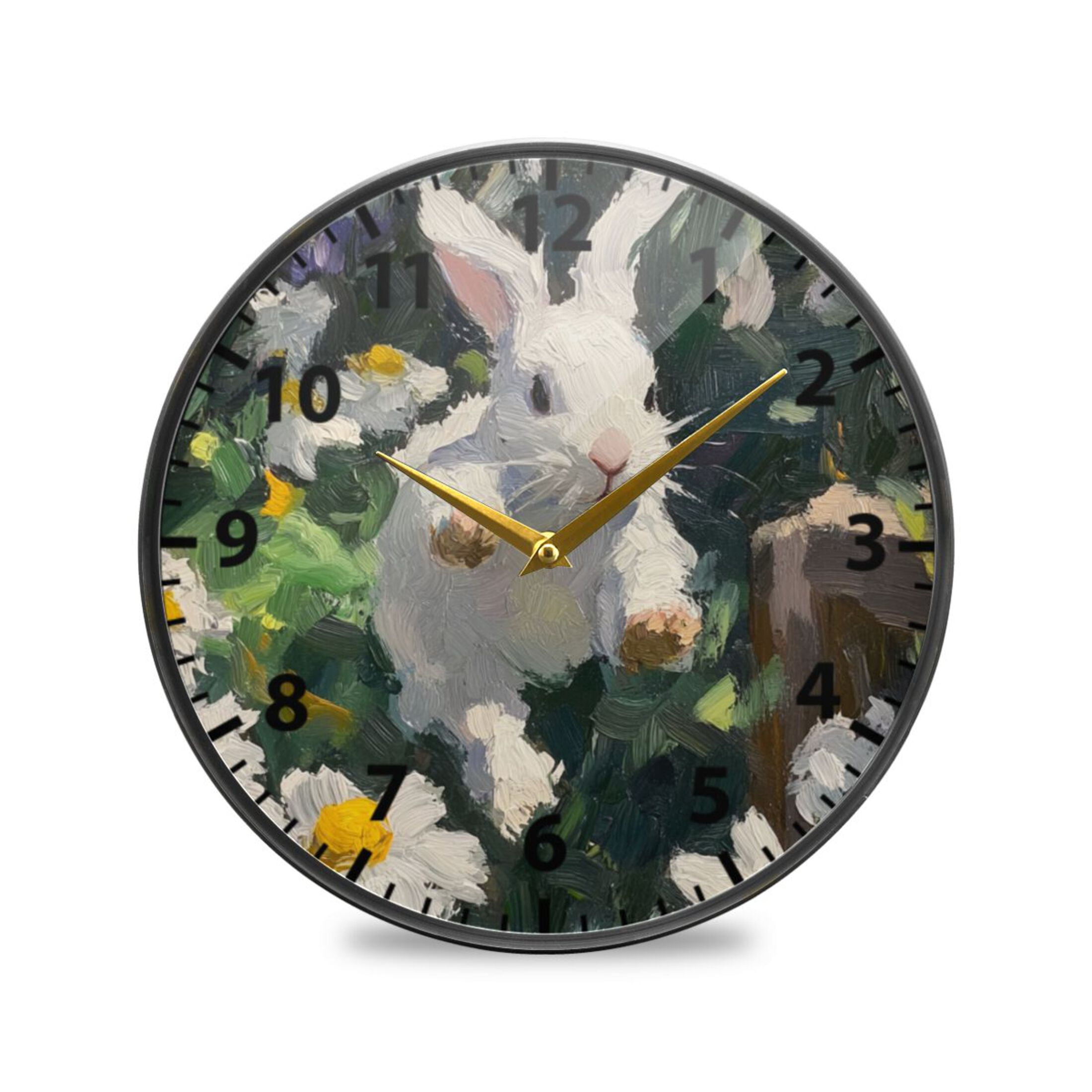 Bunny Among Daisies Wall Clock Modern Decor Acrylic Clock Golden Hands ...