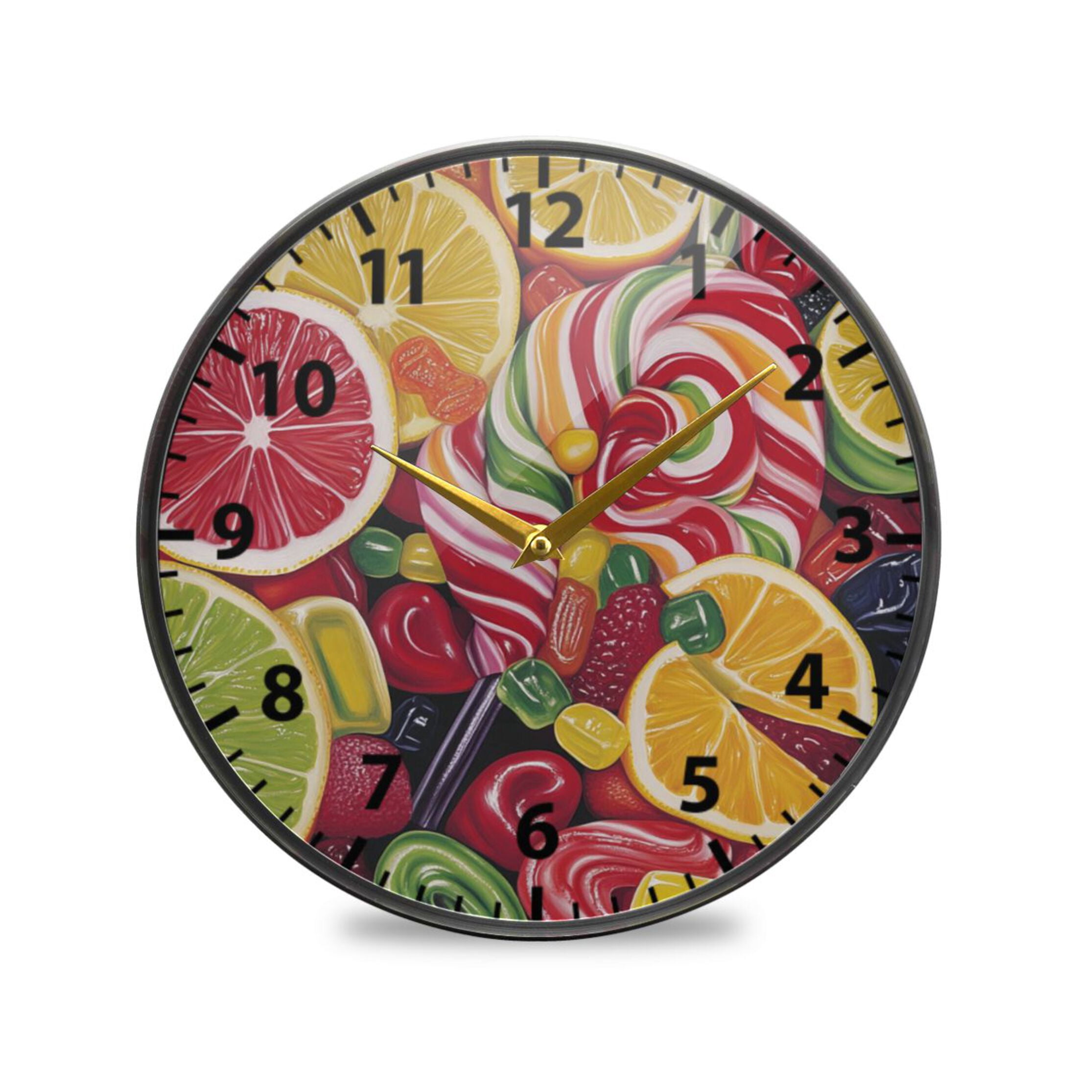 Candy and Fruits Wall Clock Modern Decor Acrylic Clock Golden Hands 11 ...