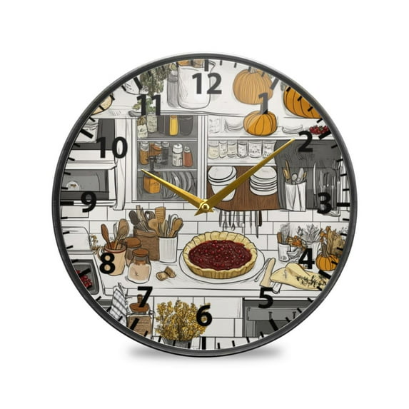 Cartoon Kitchen Pattern Wall Clock Modern Decor Acrylic Clock Golden ...