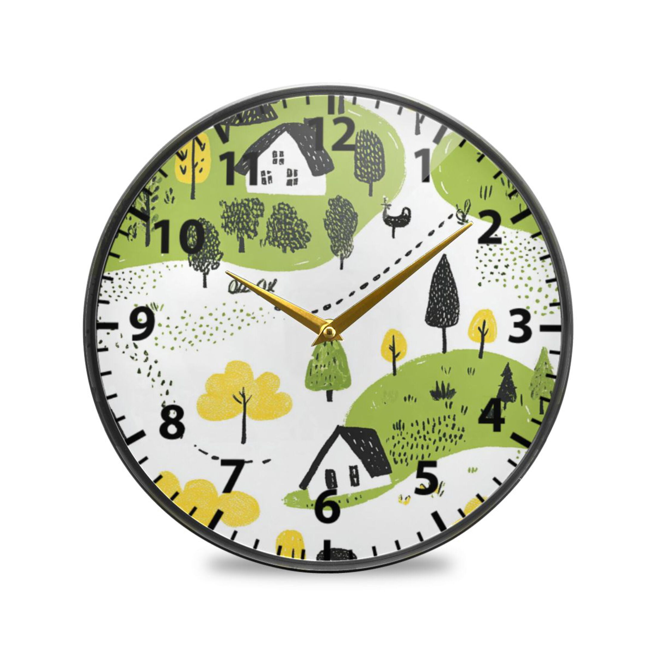 Cartoon Landscape Pattern Wall Clock Modern Decor Acrylic Clock Golden ...