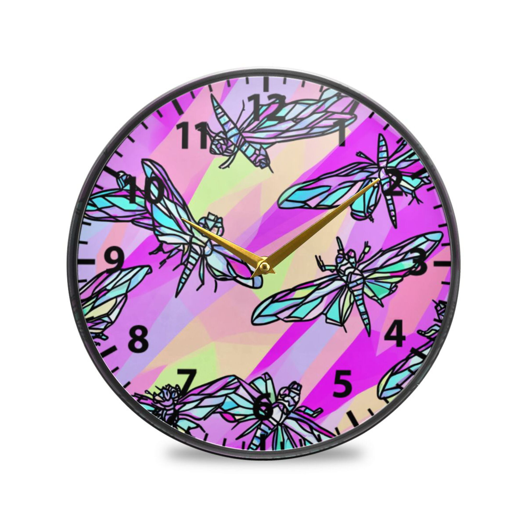 Colorful Dragonfly Pattern Wall Clock Modern Decor Acrylic Clock Golden ...