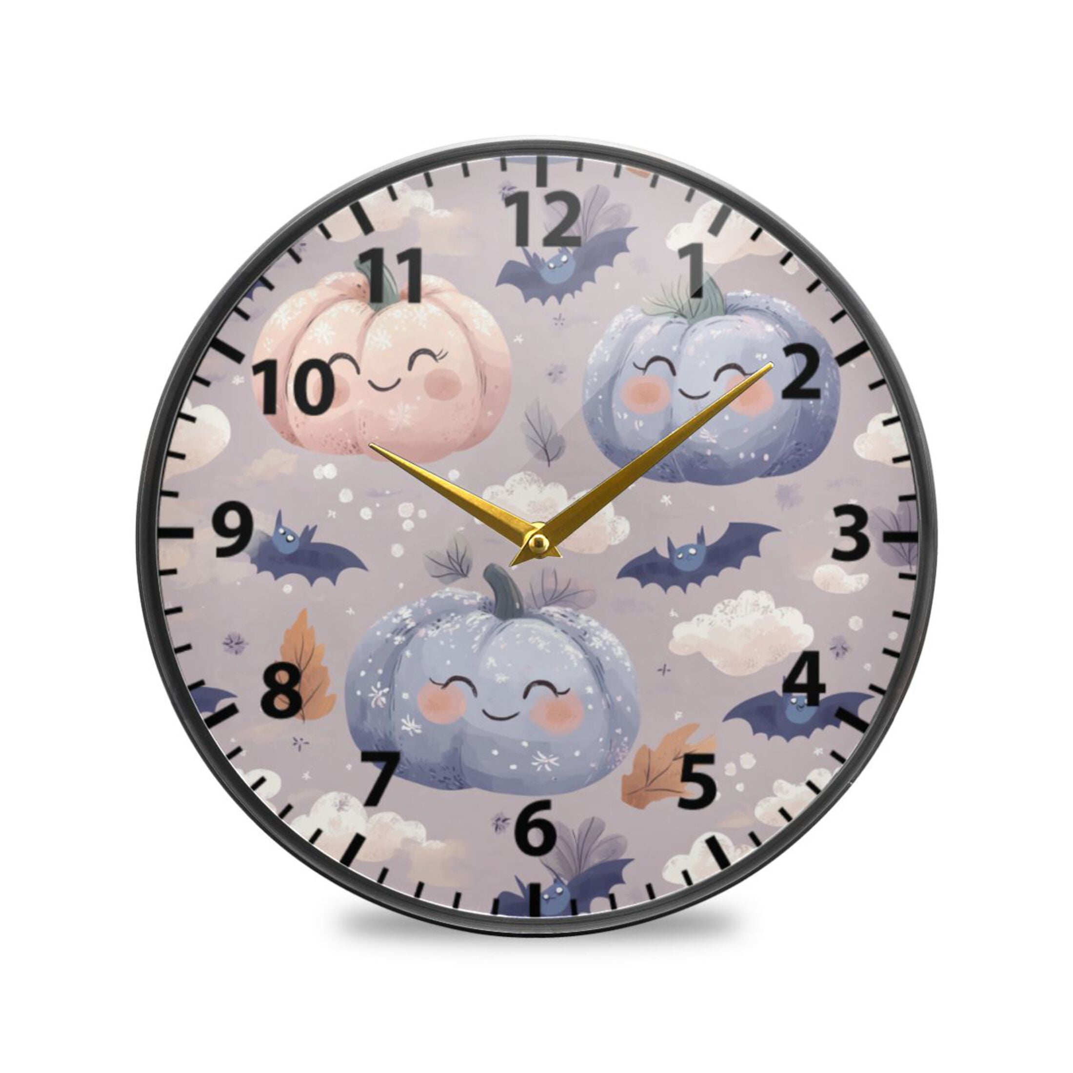 Cute Pumpkin and Bat Wall Clock Modern Decor Acrylic Clock Golden Hands ...