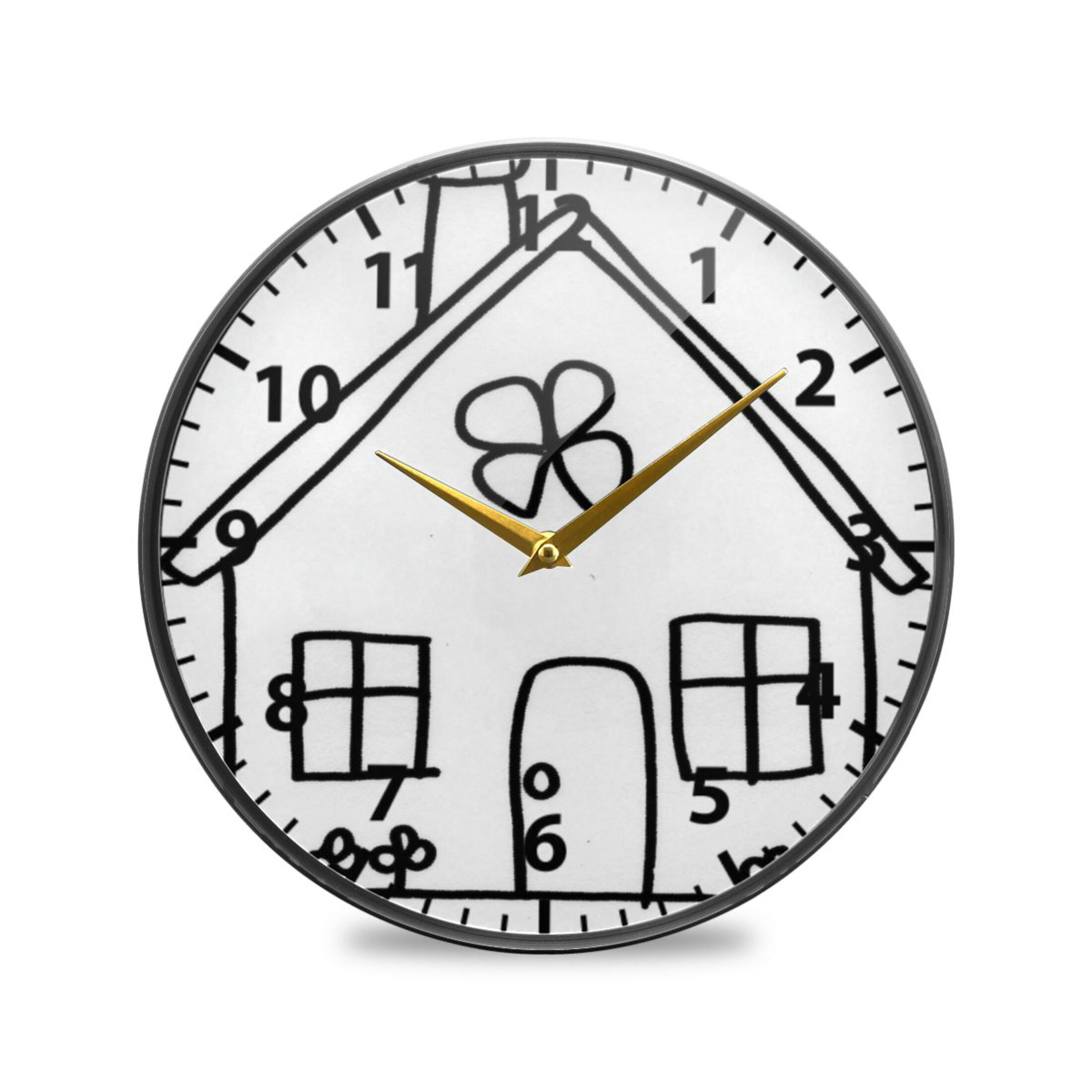 Hand Drawn House Wall Clock Modern Decor Acrylic Clock Golden Hands 9 ...