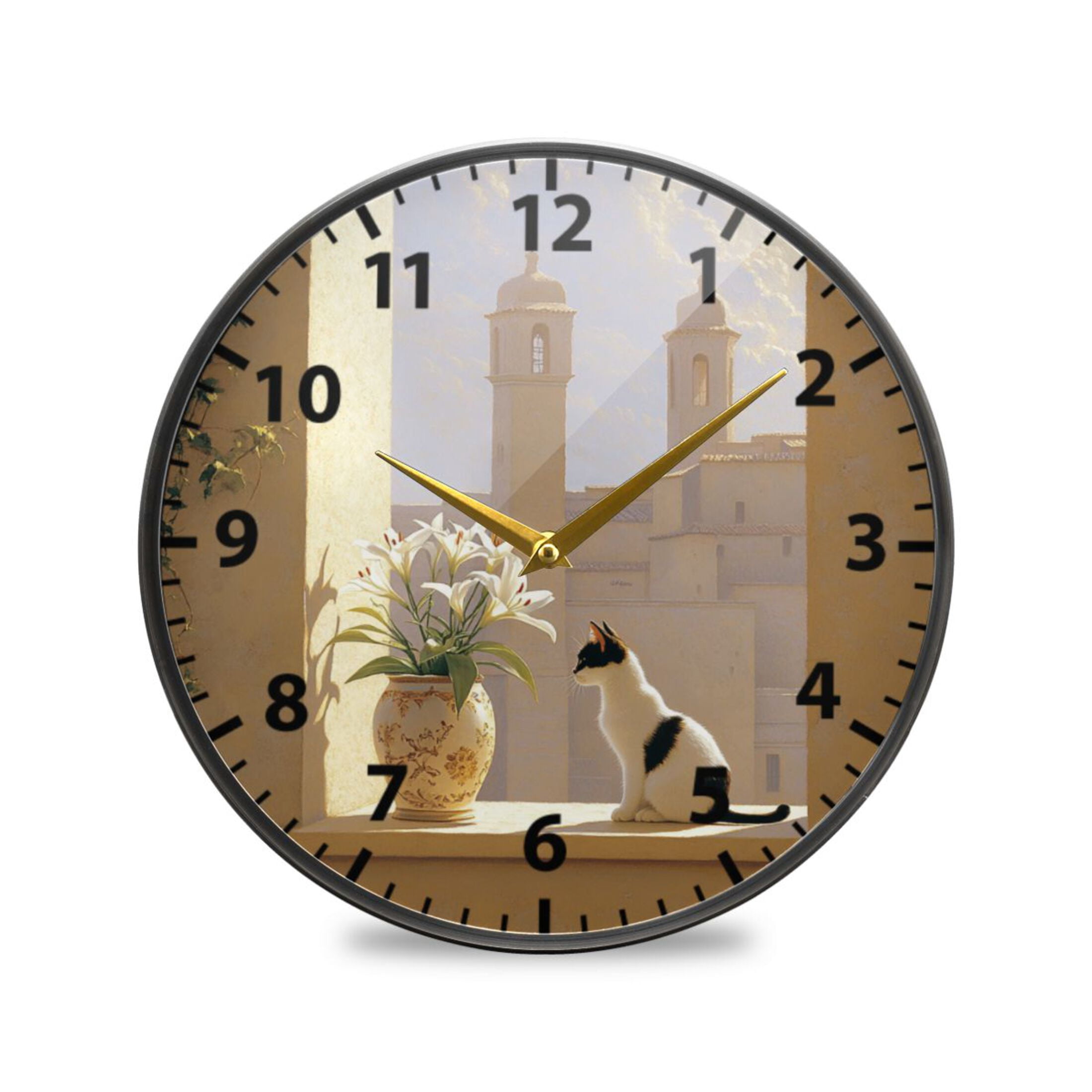 Pastel Painting Cat Wall Clock Modern Decor Acrylic Clock Golden Hands ...