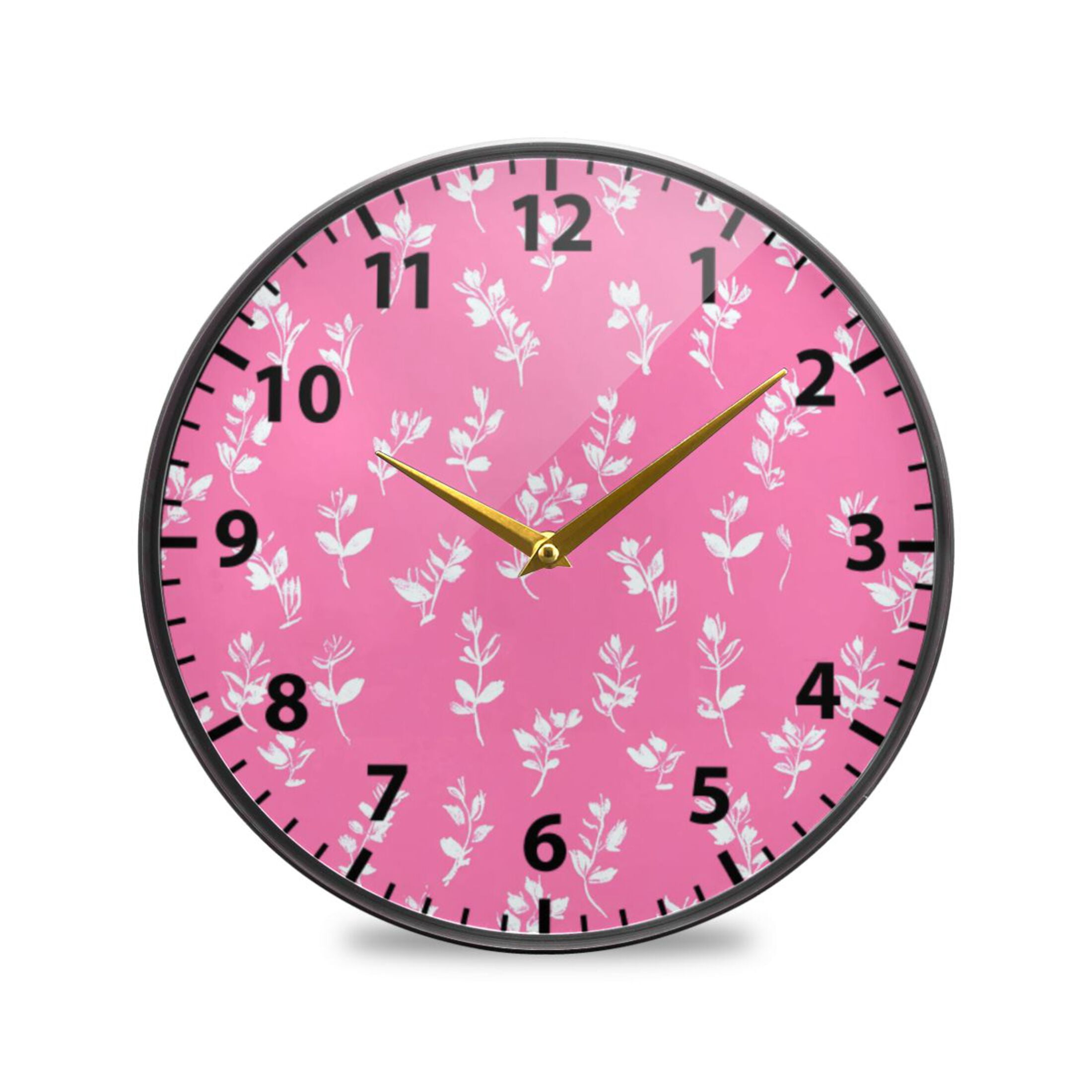Pink Patterned Grass Wall Clock Modern Decor Acrylic Clock Golden Hands ...