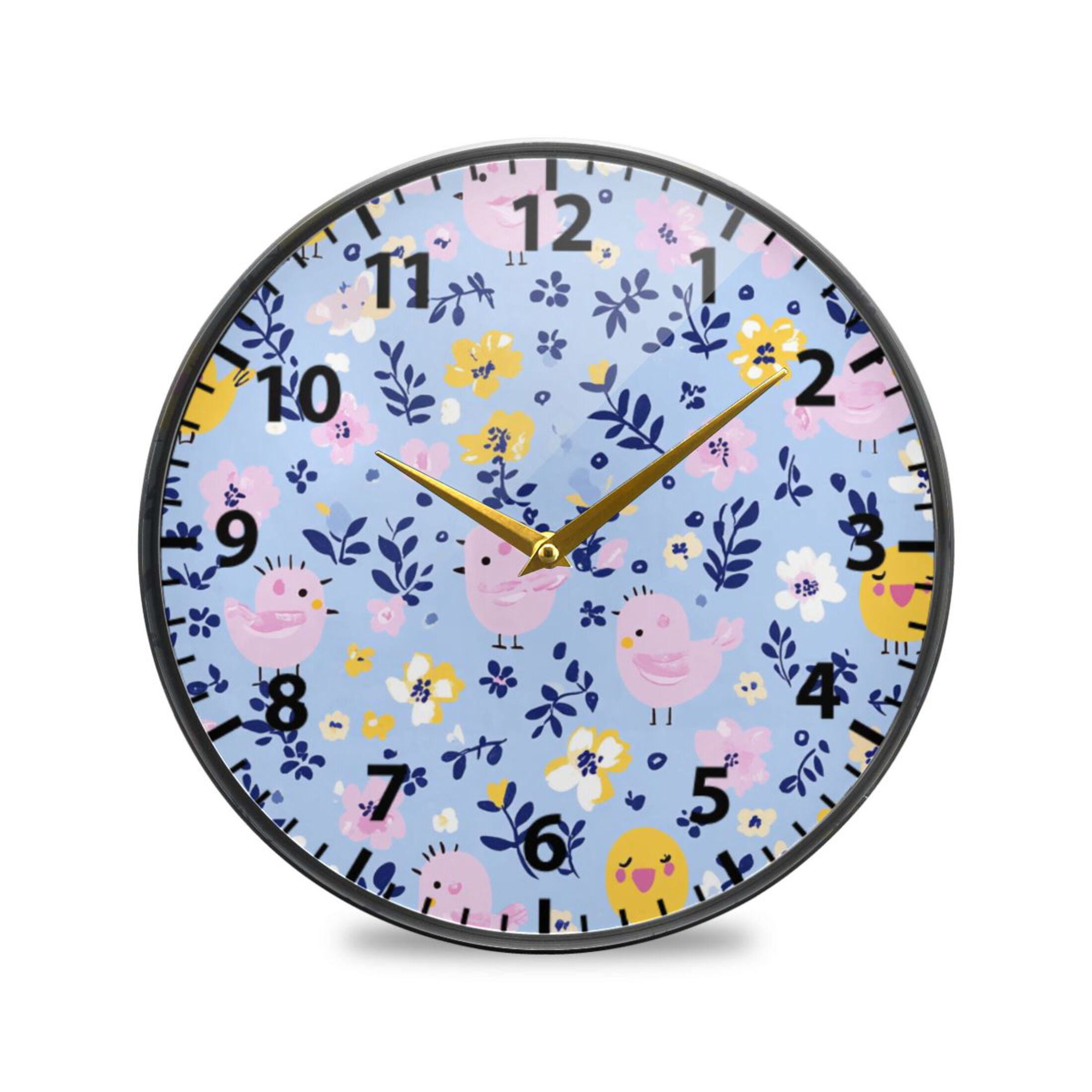 Playful Birds and Floral Wall Clock Modern Decor Acrylic Clock Golden ...