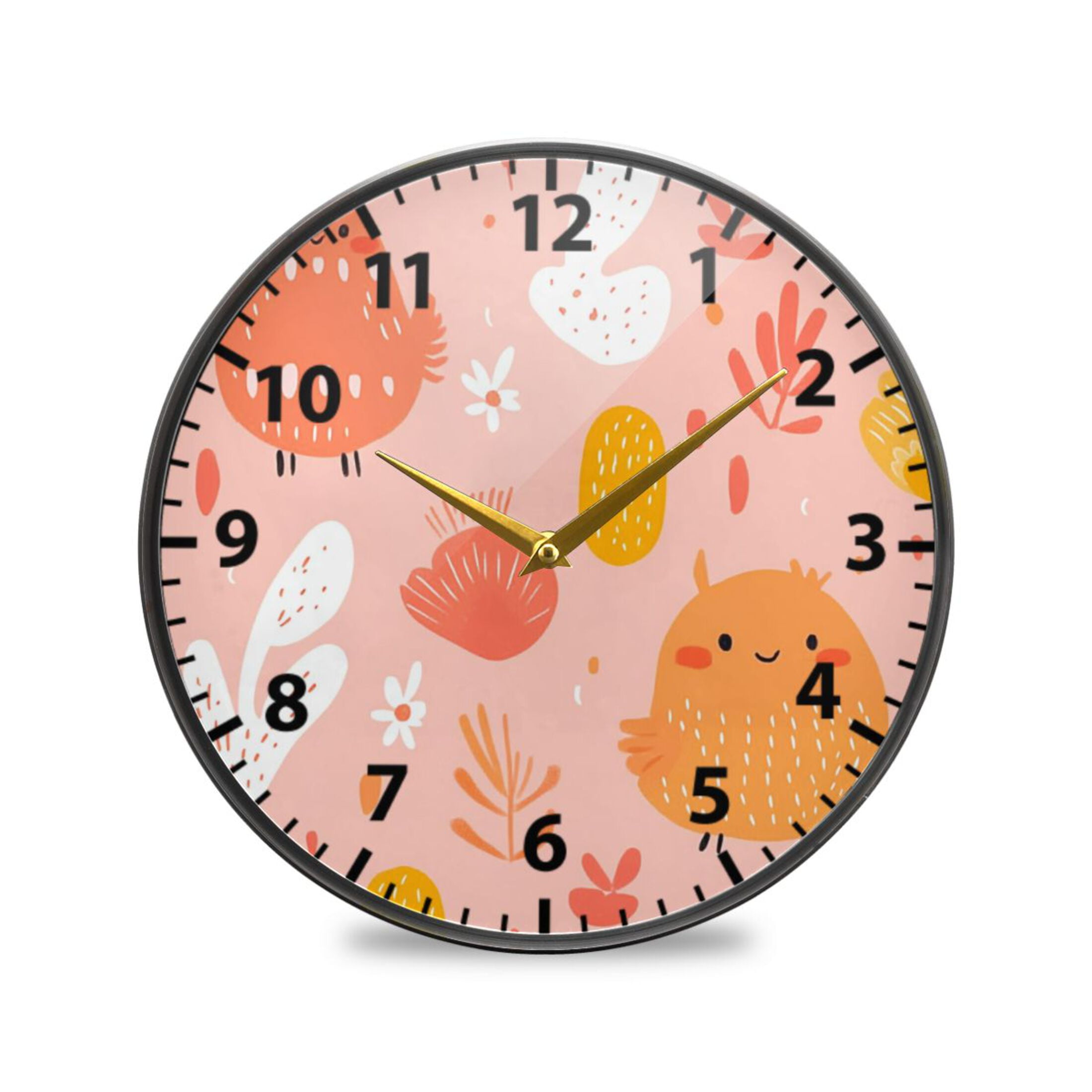 Playful Orange Birds Wall Clock Modern Decor Acrylic Clock Golden Hands ...