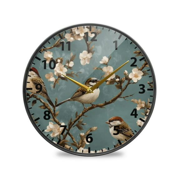 Sparrows Among Flowers Wall Clock Modern Decor Acrylic Clock Golden ...