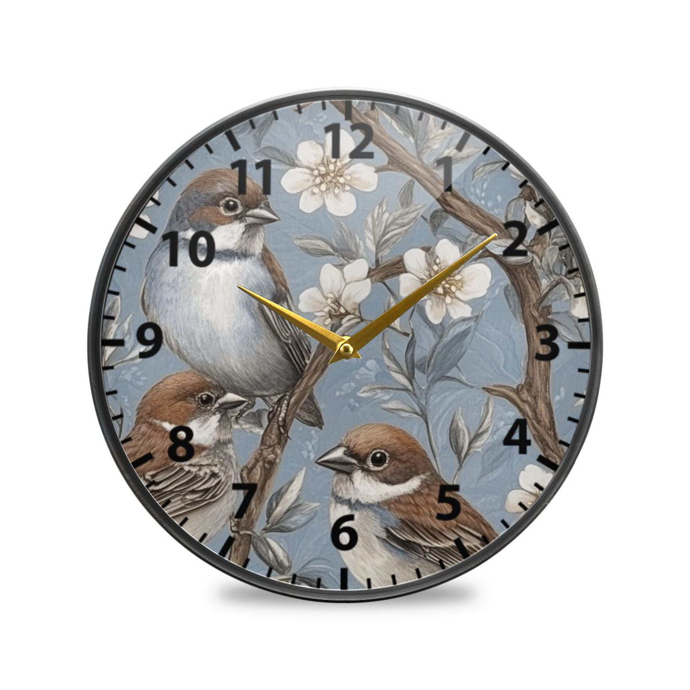 Sparrows on Branches Wall Clock Modern Decor Acrylic Clock Golden Hands ...