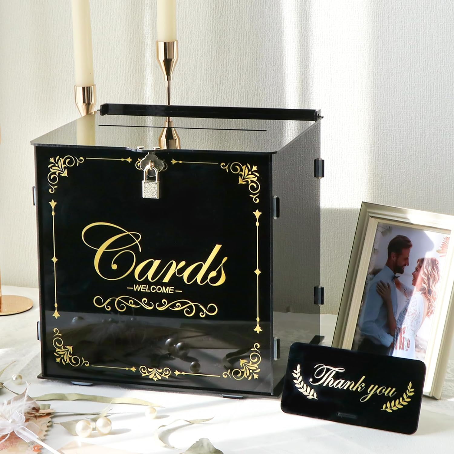 Acrylic Wedding Card Box with Lock, Black Gift Card Box for Reception ...