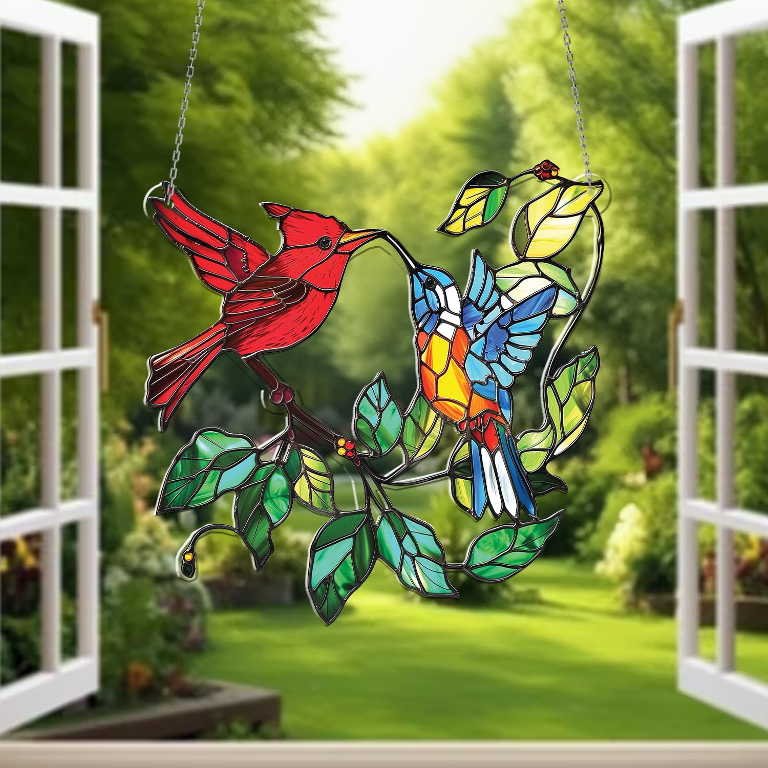 Acrylic Window Hanging, 2D Cardinal and Hummingbird Stained Glass ...