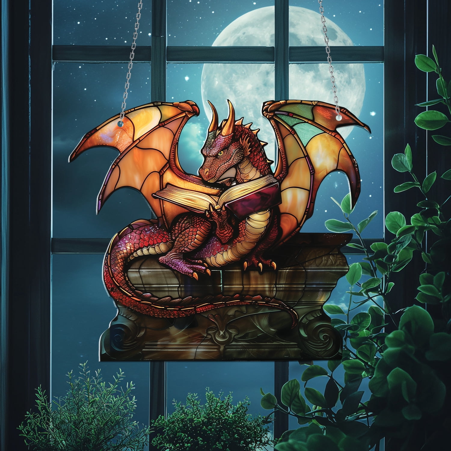 Acrylic Window Hanging, 2D Stained Glass Dragon Reading by Moonlight ...