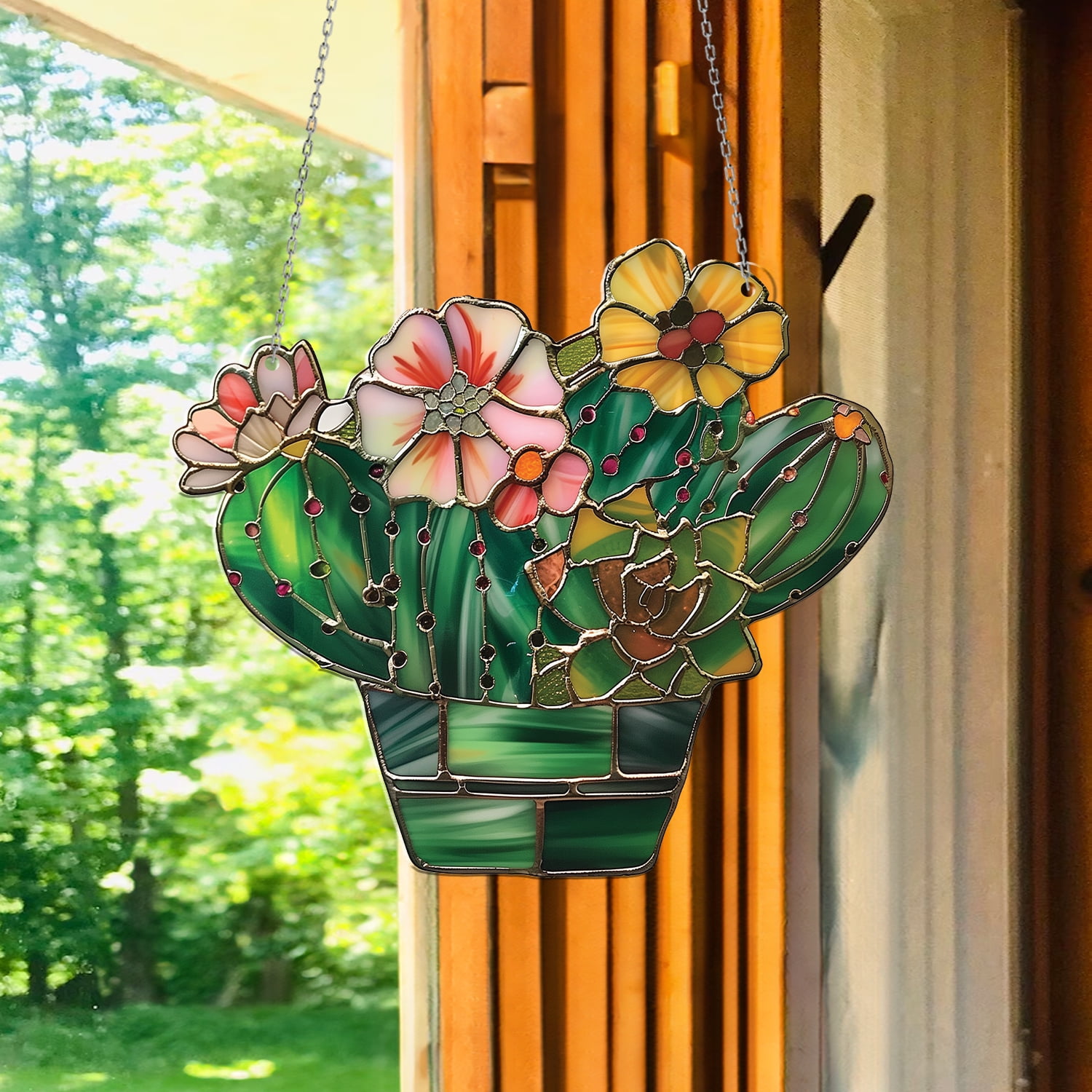 Acrylic Window Hanging, 2D Vibrant Blooming Cactus Stained Glass ...