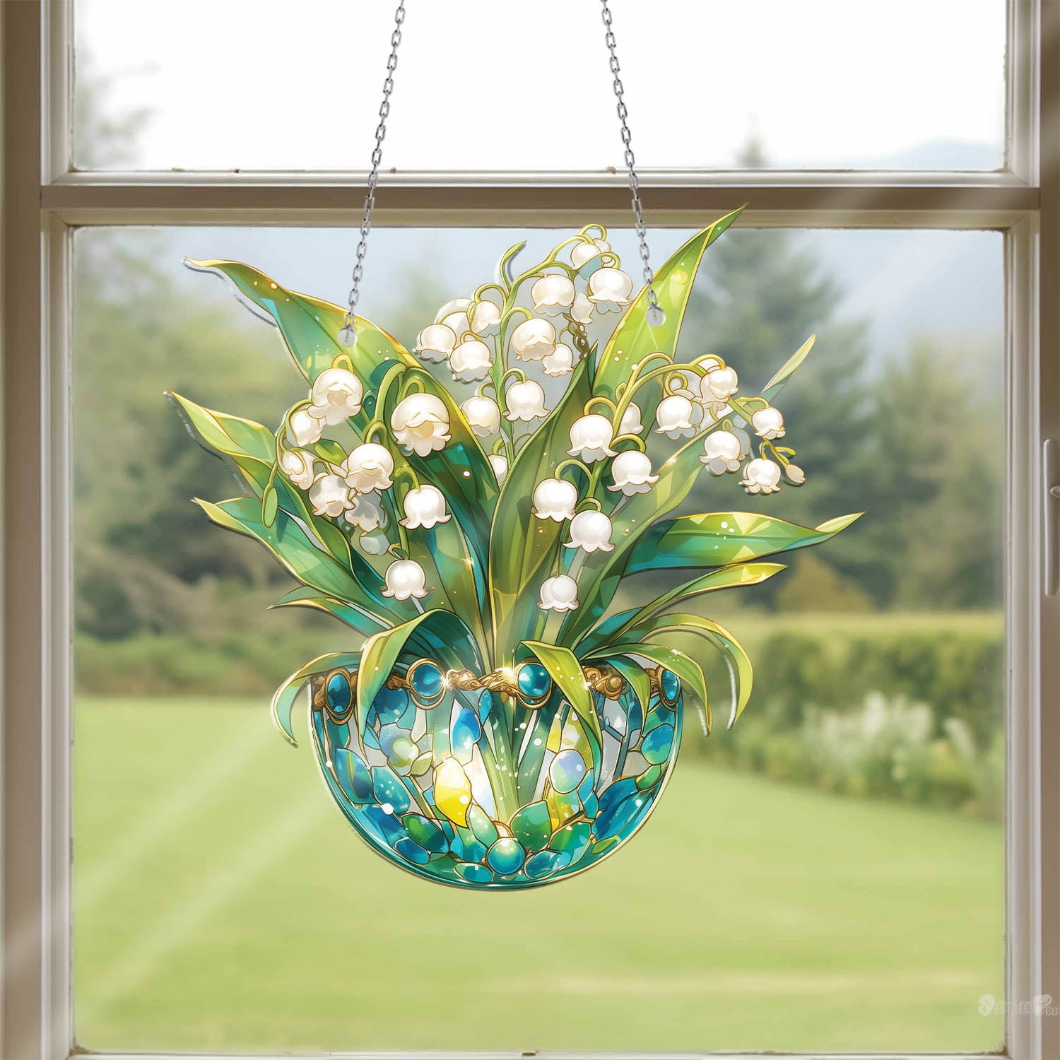 Acrylic Window Hanging, Beautiful Lily of the Valley with Sky Blue ...