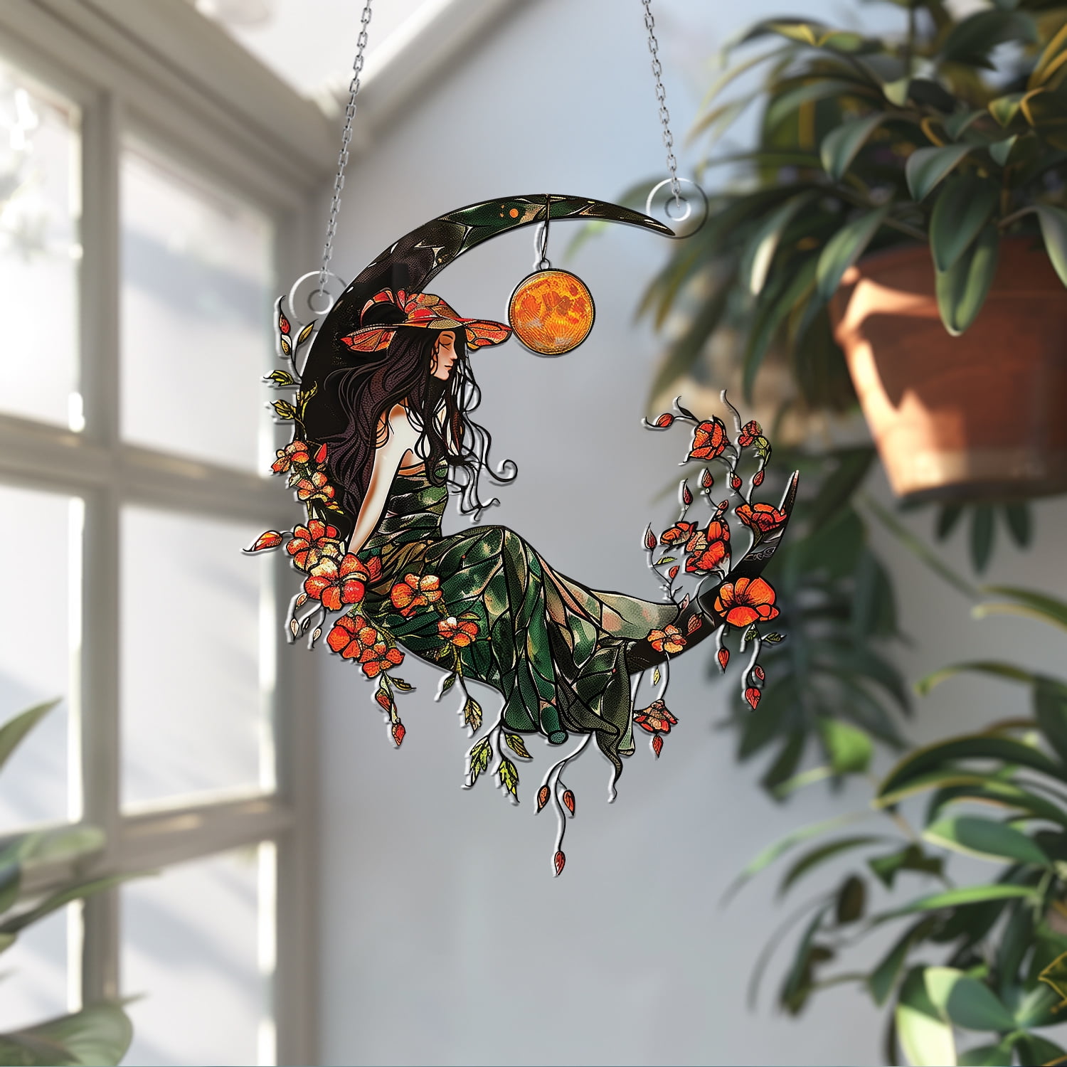 Acrylic Window Hanging, Beautiful Sorceress Sitting on Crescent Moon ...