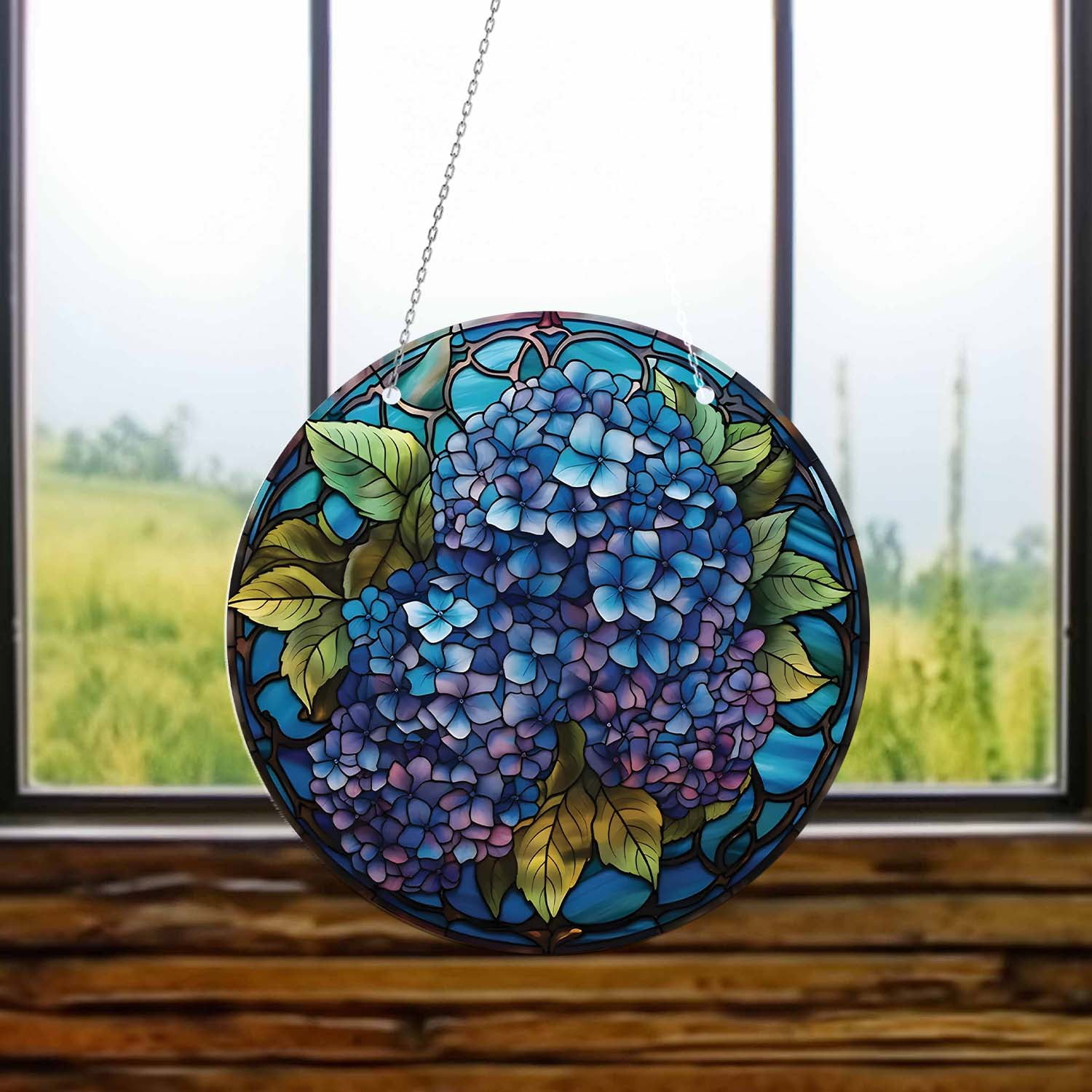 Acrylic Window Hanging, Blue Hydrangea Flowers, 2D Stained Glass Style ...
