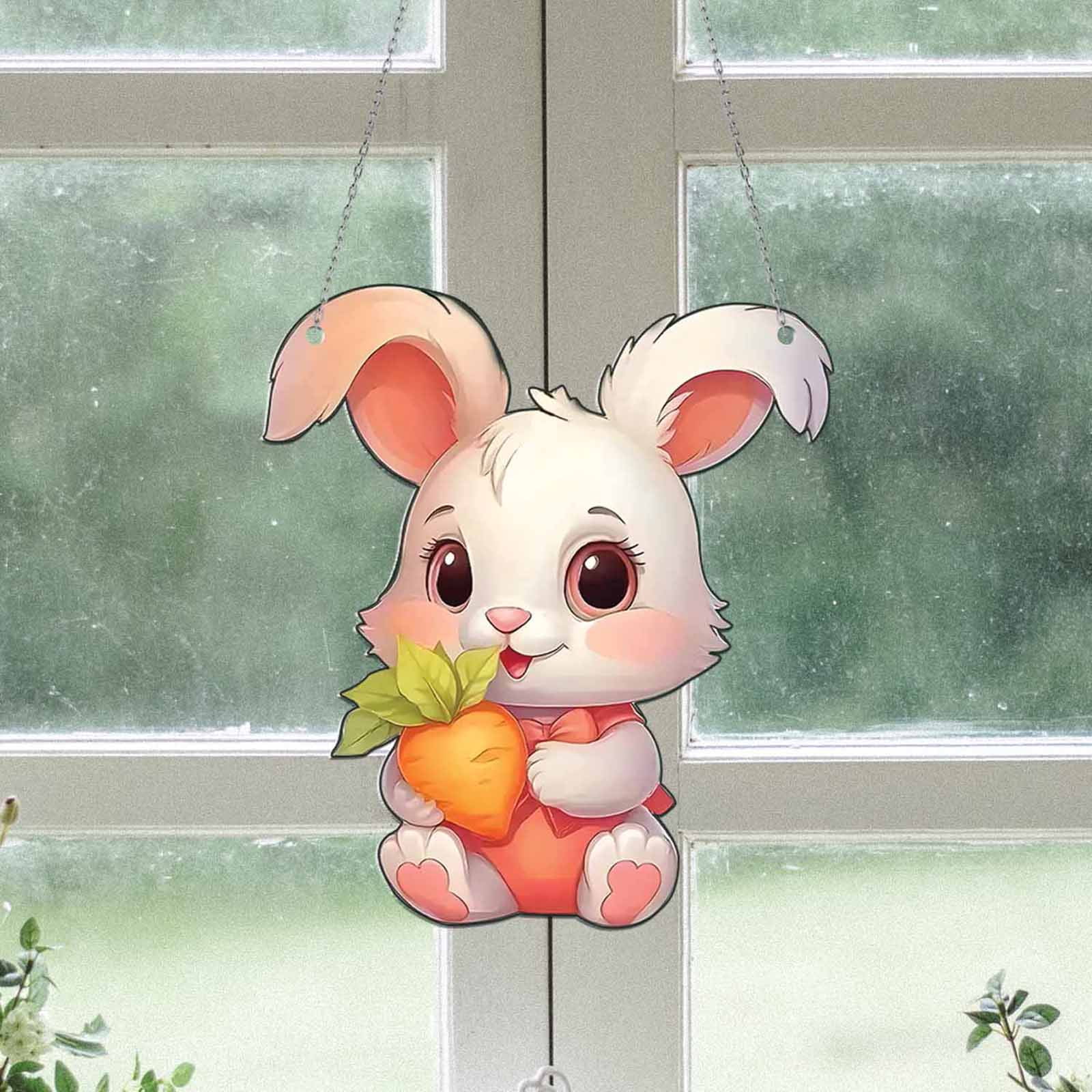 Acrylic Window Hanging, Cartoon Bunny with Leaves, Cute Stained Glass ...