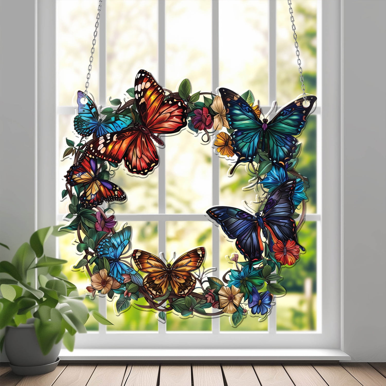 Acrylic Window Hanging, Colorful Butterfly Wreath in 2D Stained Glass ...