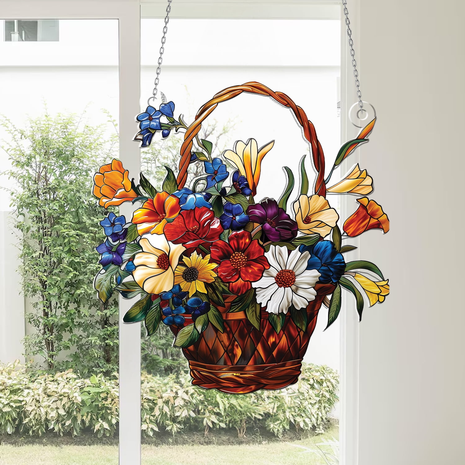 Acrylic Window Hanging, Colorful Floral Basket Art in 2D Acrylic ...