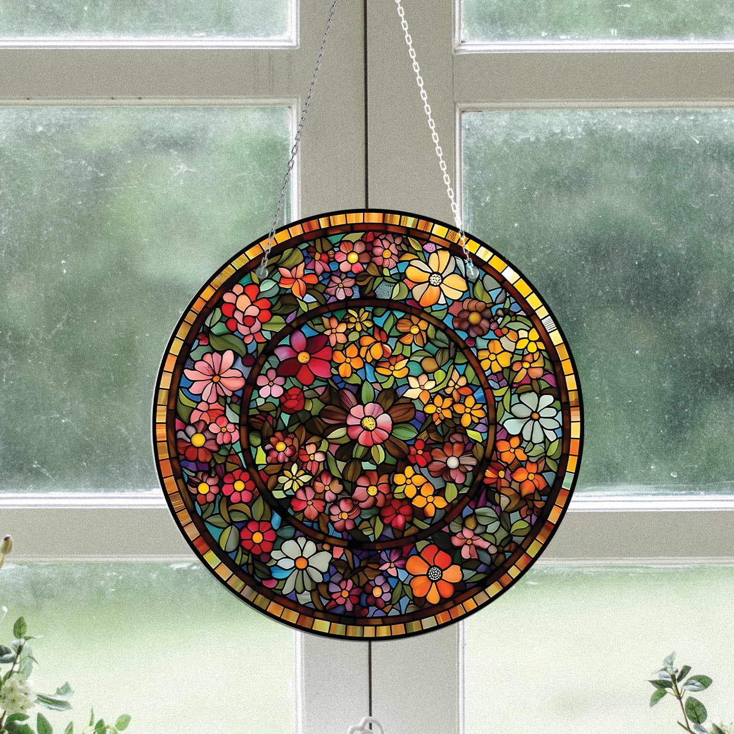 Acrylic Window Hanging, Colorful Floral Mosaic, 2D Stained Glass Style ...