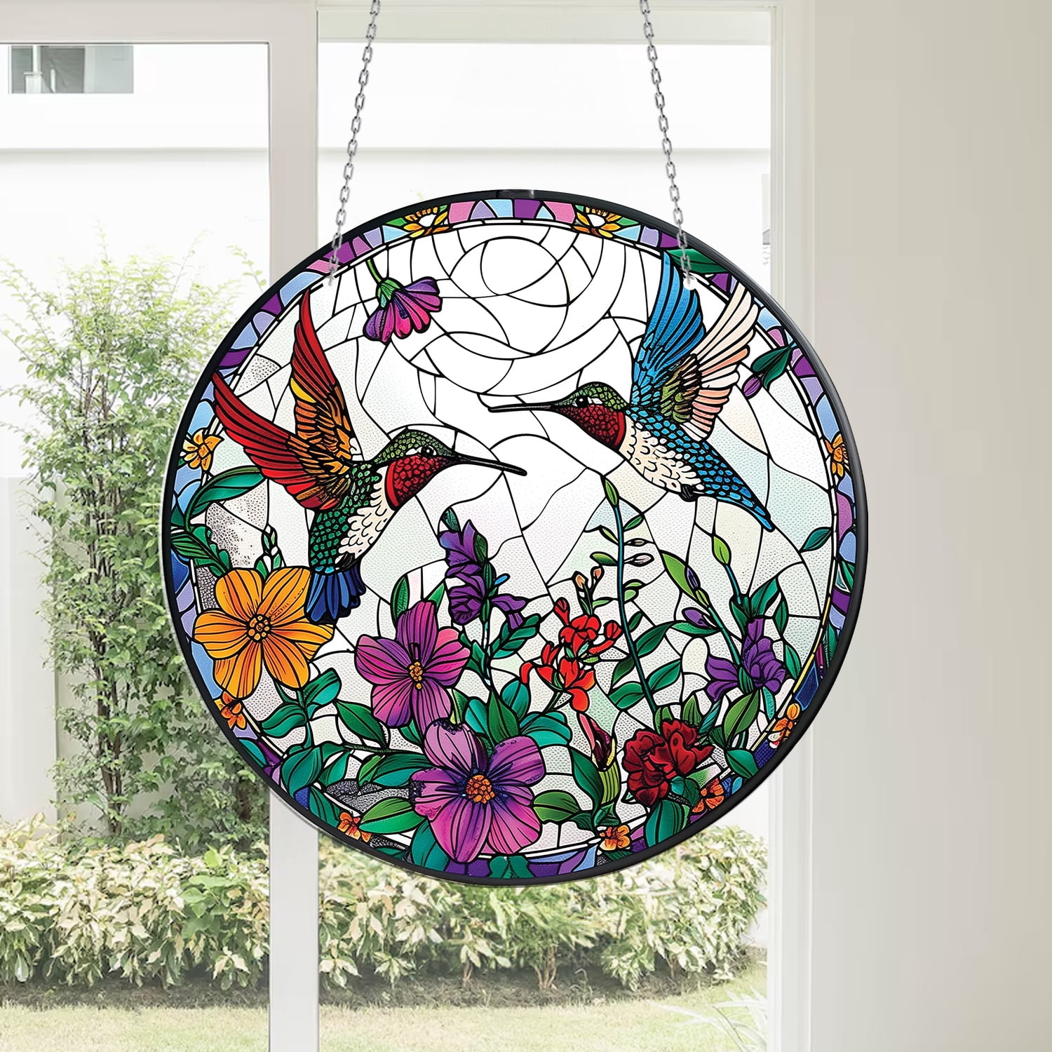 Acrylic Window Hanging, Colorful Hummingbird and Flowers in Stained ...