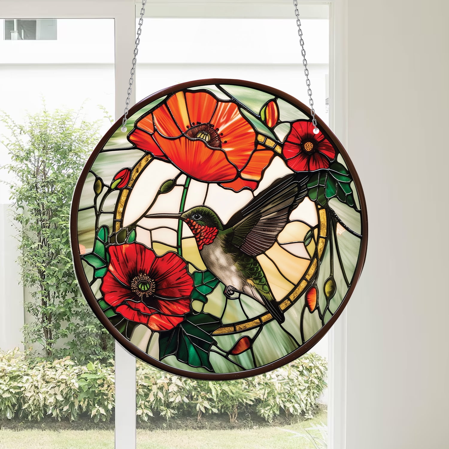 Acrylic Window Hanging, Colorful Hummingbird and Flowers in Stained ...