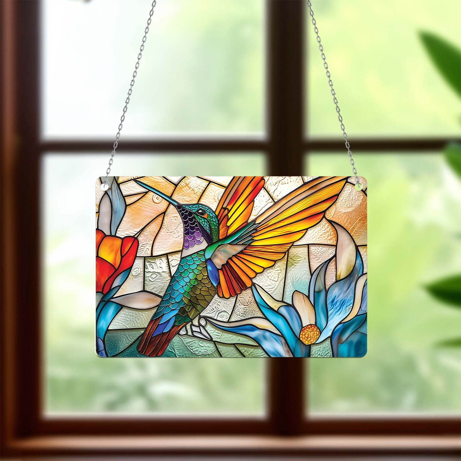 Acrylic Window Hanging, Colorful Hummingbird with Flowers, 2D Stained ...