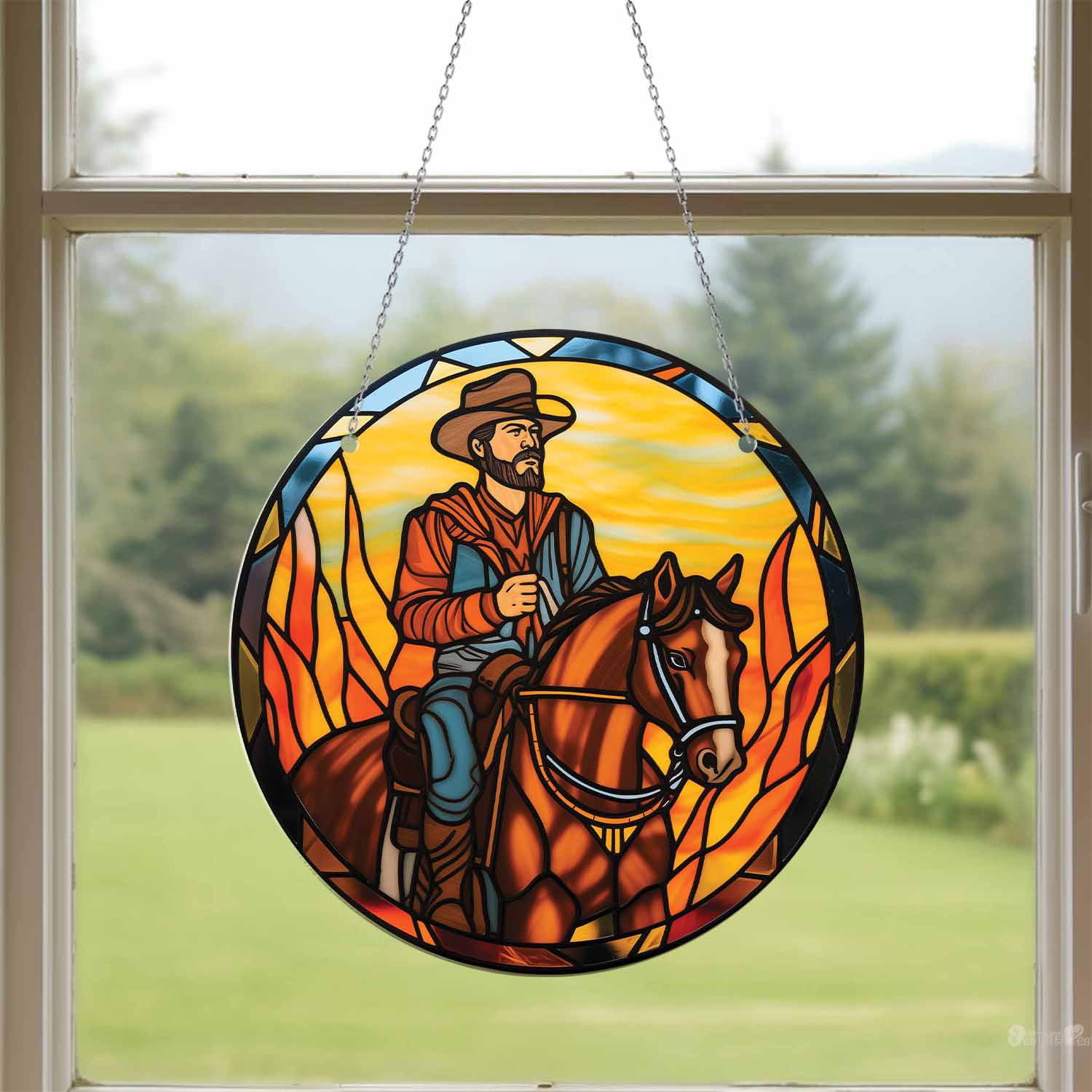 Acrylic Window Hanging, Cowboy on Horseback in 2D Stained Glass Style ...