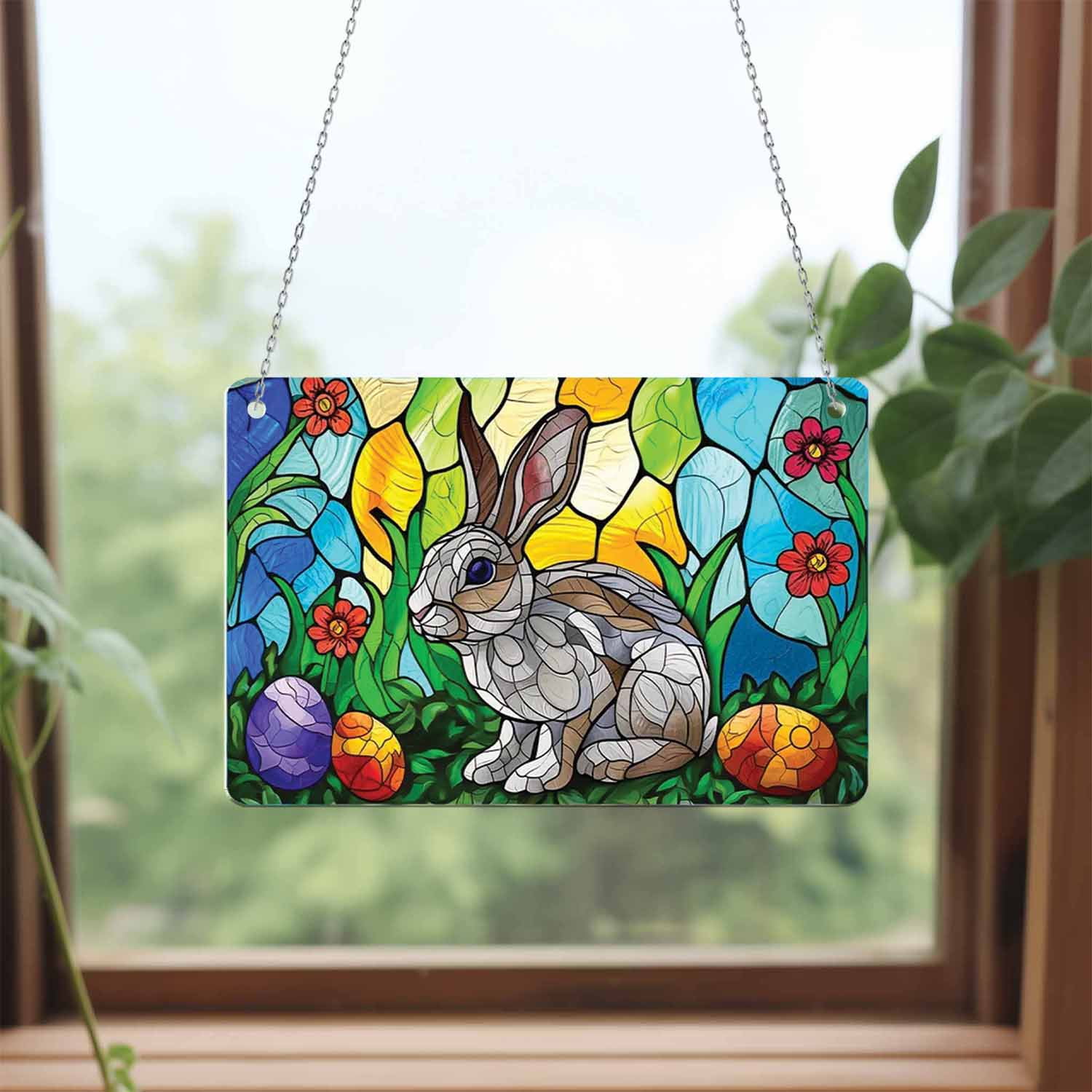 Acrylic Window Hanging, Cute White Rabbit with Spring Flowers, Stained ...