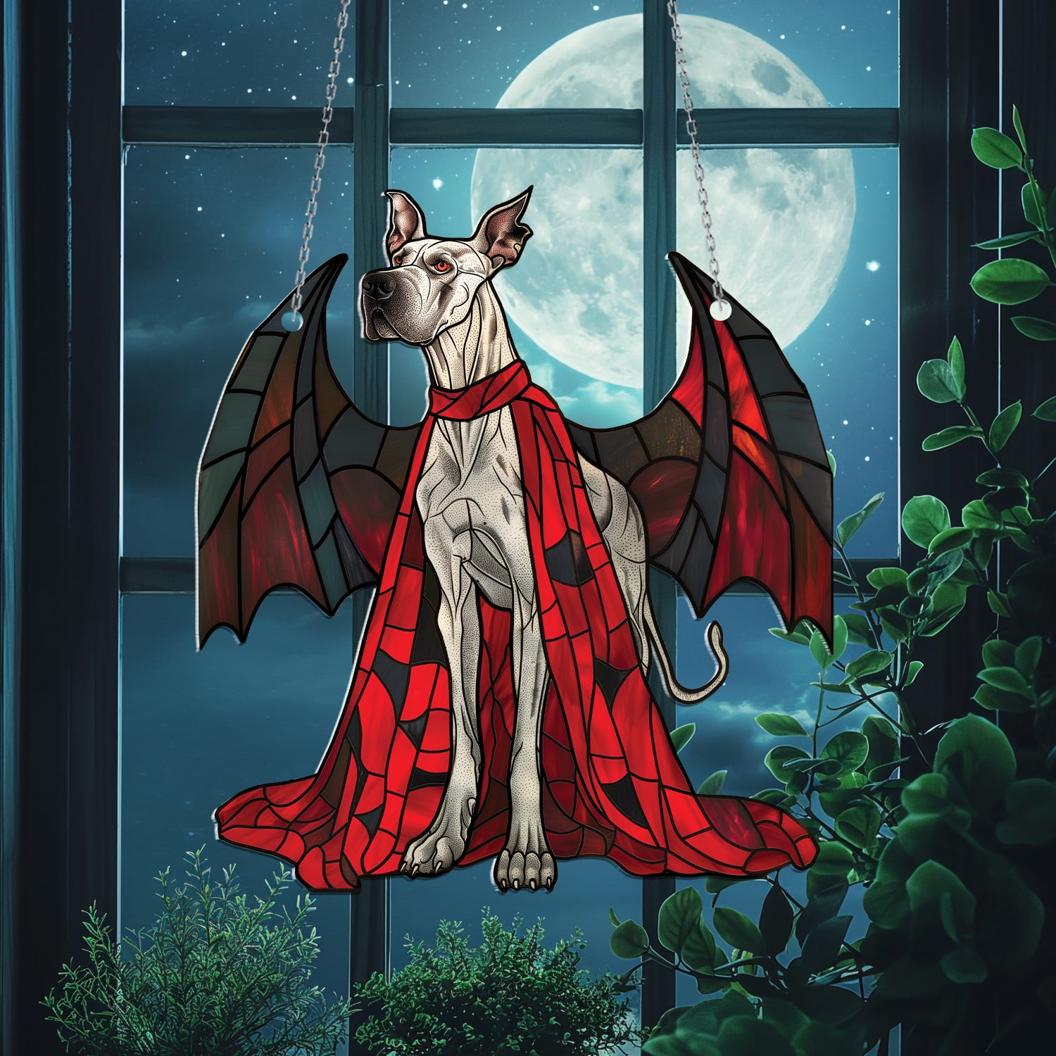 Acrylic Window Hanging, Dog with Bat Wings and Red Cape, 2D Stained ...