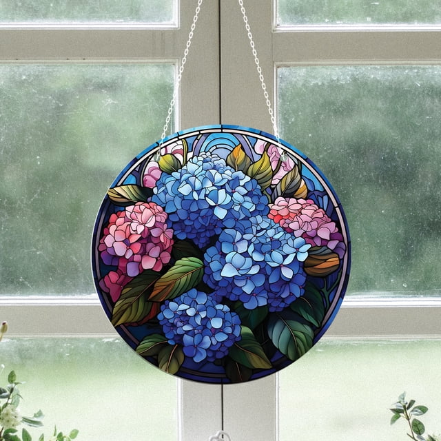 Acrylic Window Hanging, Elegant Blue Hydrangea Blossoms, 2D Stained ...