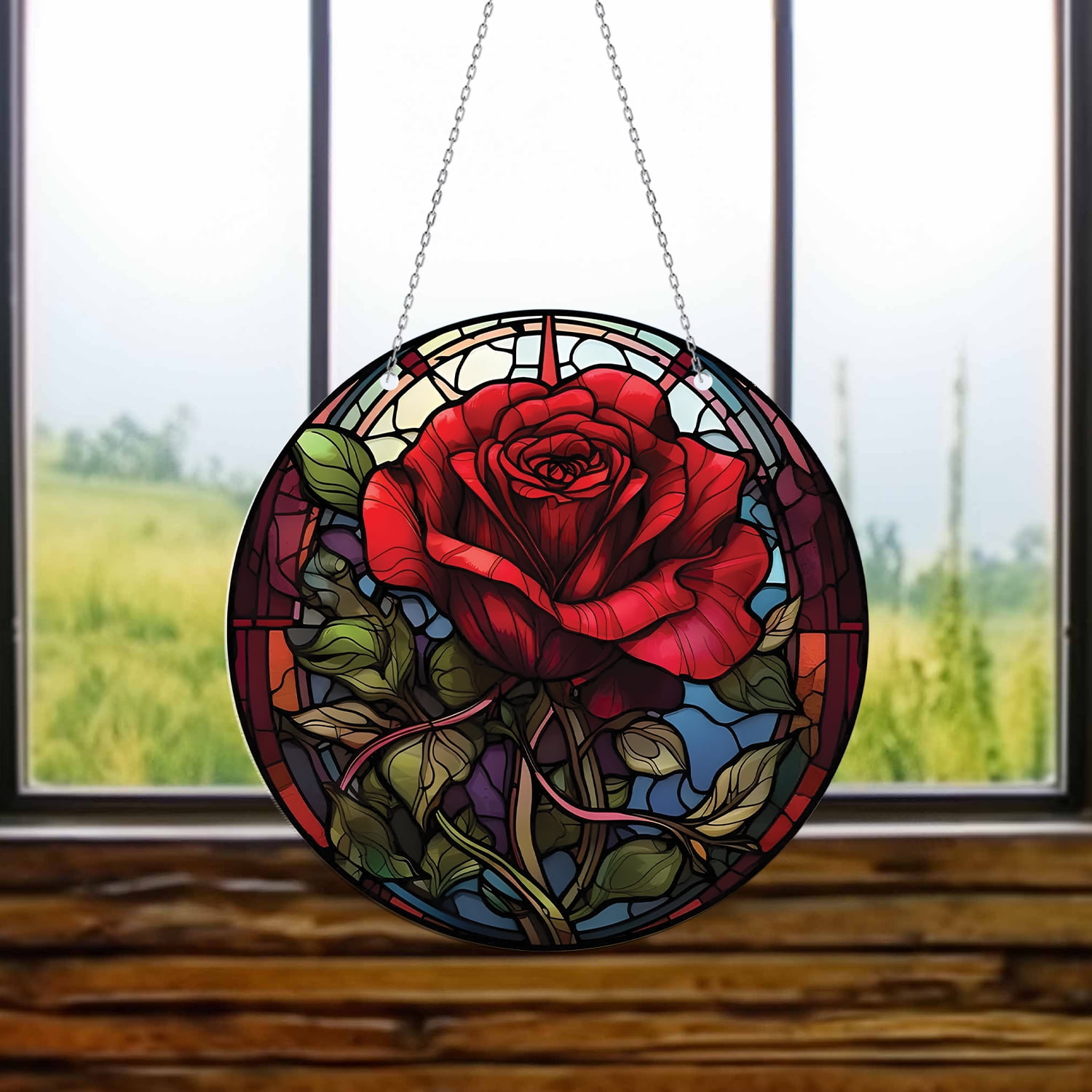 Acrylic Window Hanging, Elegant Red Rose, 2D Stained Glass Style ...